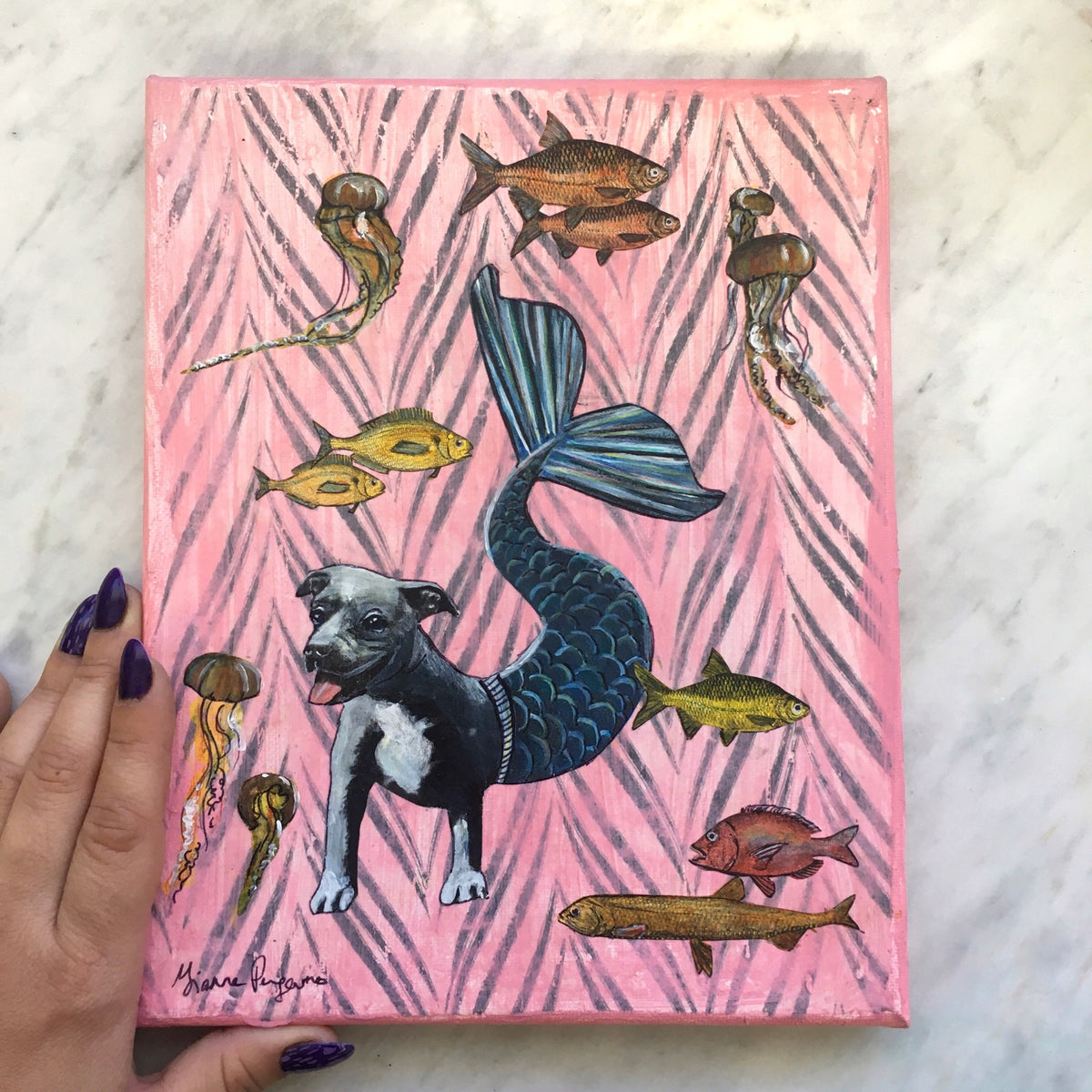 Original Dog Illustration - Pit Bull Mermaid - 8x10" Collage Painting ...
